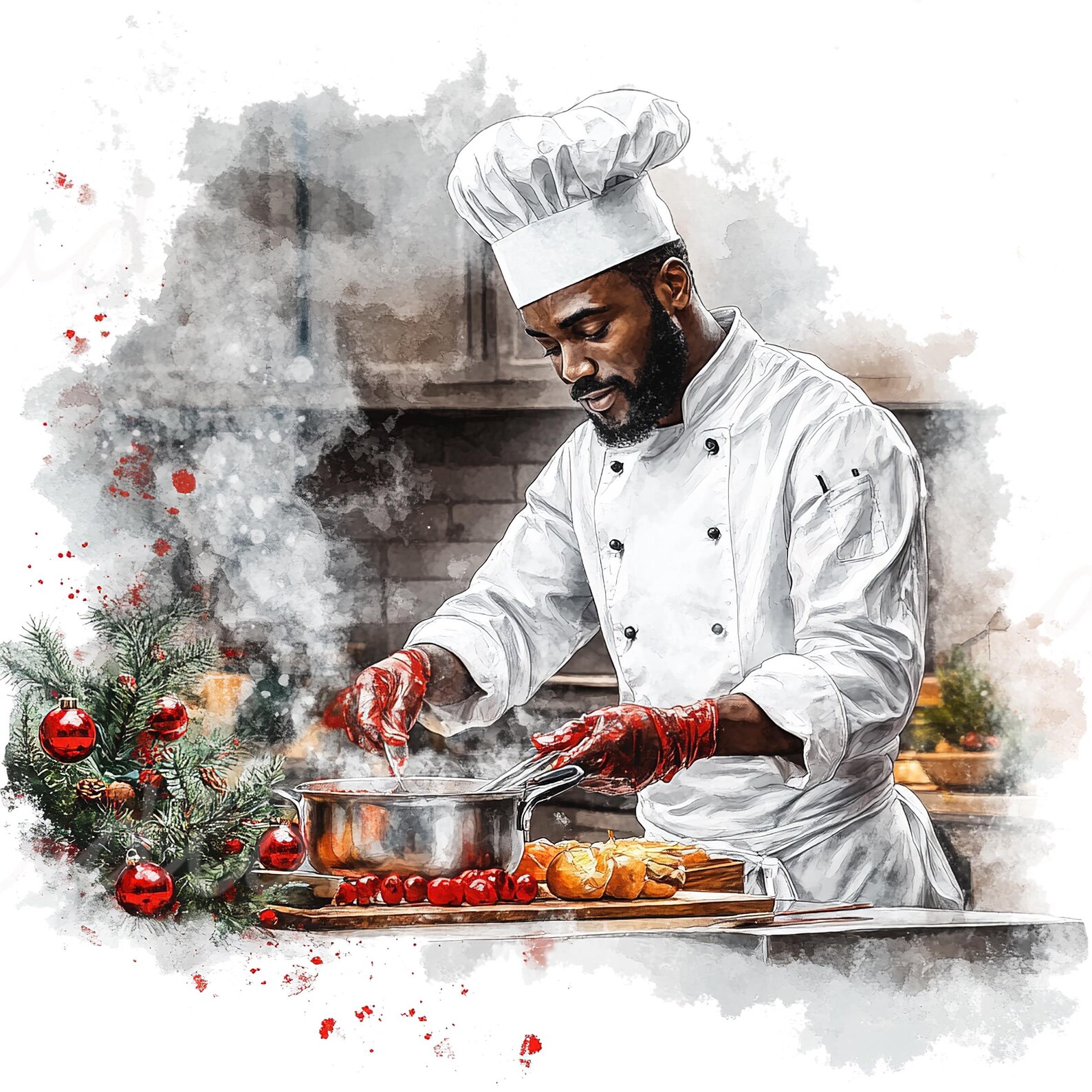 Christmas Cooking Clipart, Watercolor Black Man Cooking, Christmas Chef ...