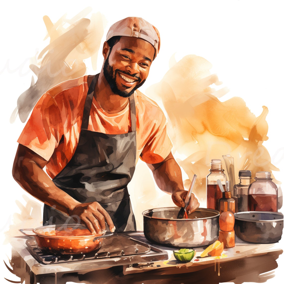 Cooking Clipart, Watercolor Black Man Clipart, Man Cooking PNG, Black ...