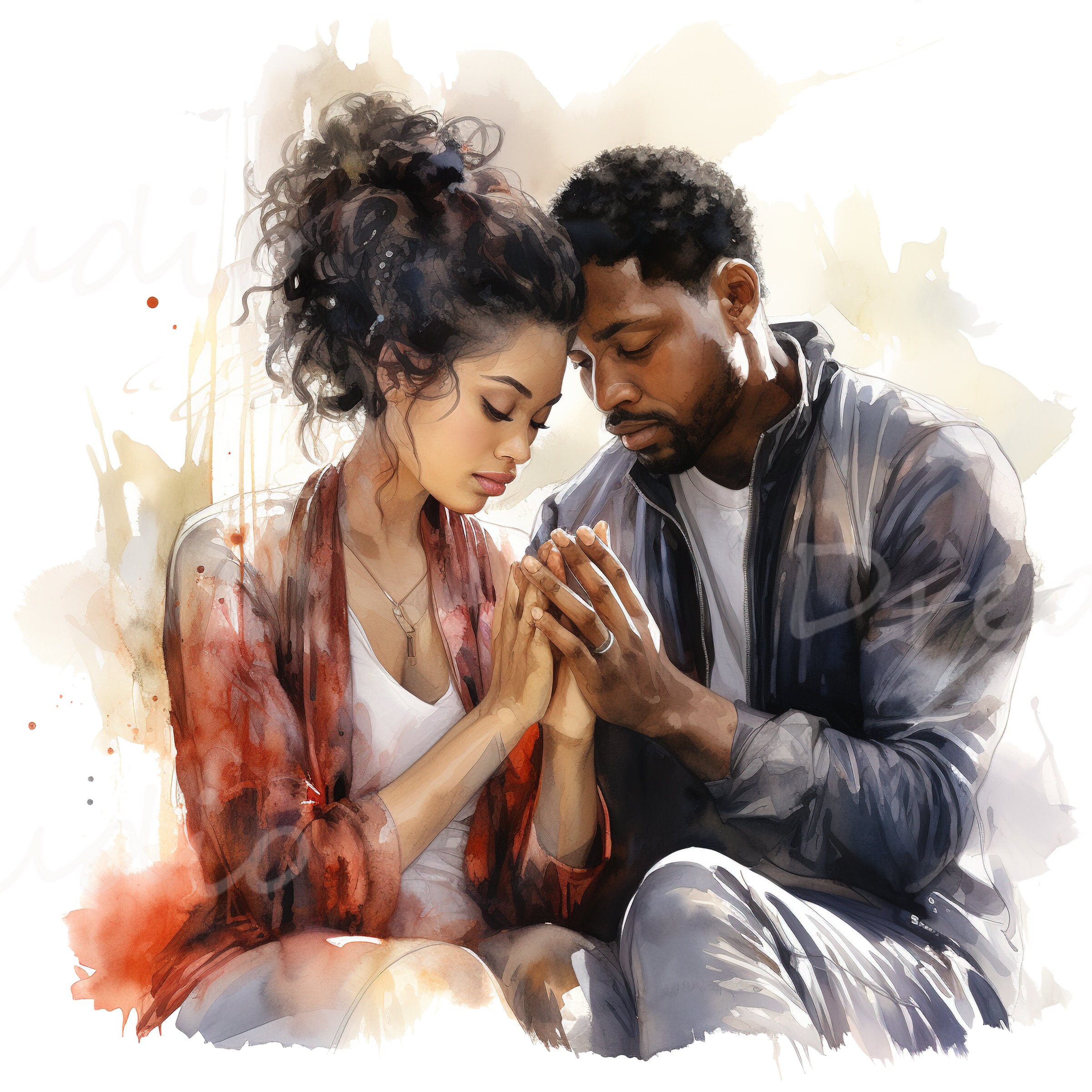 Couple Praying Clipart, Black Couple Prayers Clipart, Afro American ...