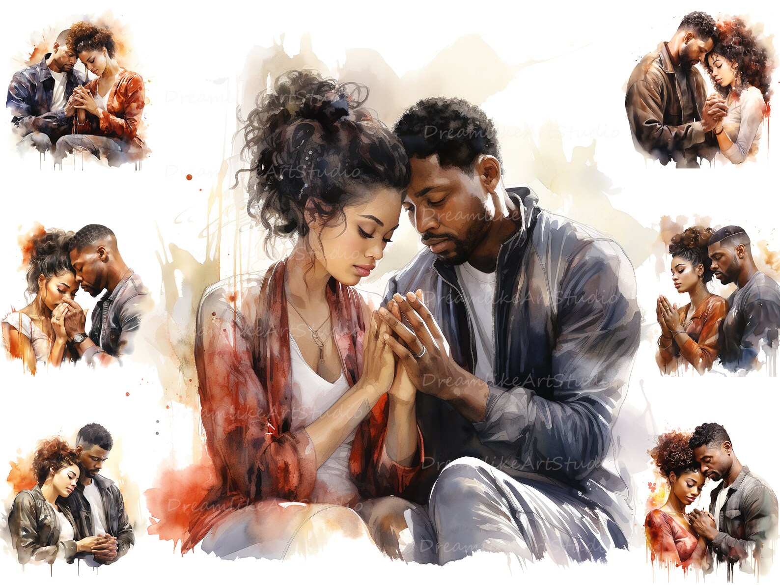 Couple Praying Clipart, Black Couple Prayers Clipart, Afro American ...