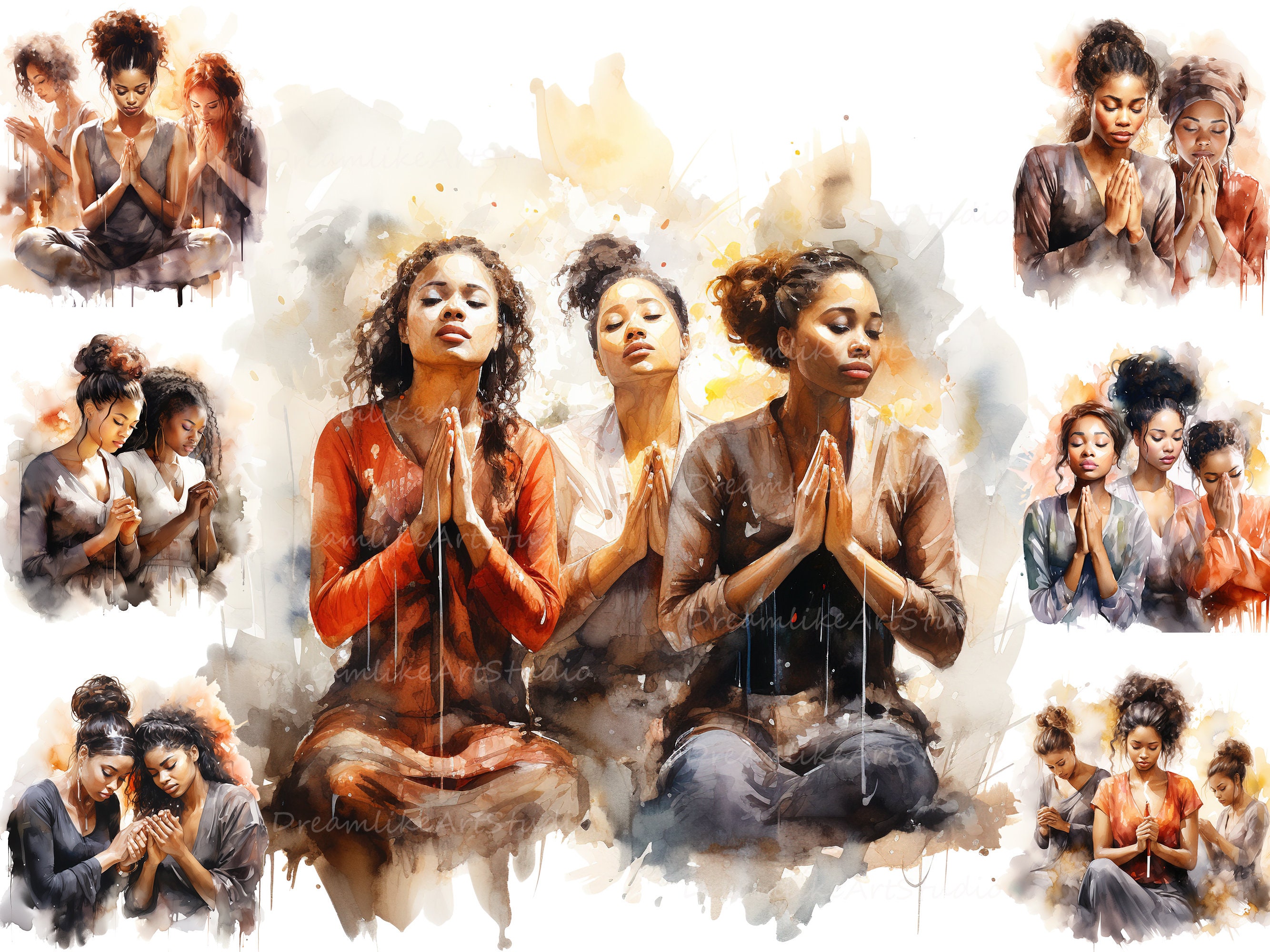 Group of Women Praying Clipart, Black Women Prayers Clipart, Afro American Women PNG, Religious ...