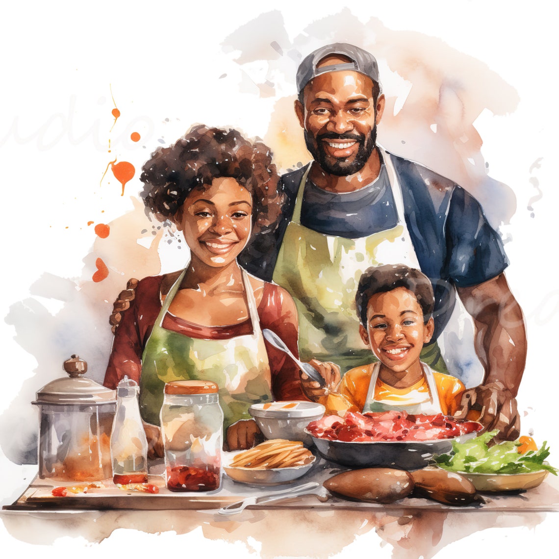 Family Cooking Clipart, Watercolor Black Family Clipart, Parenting ...