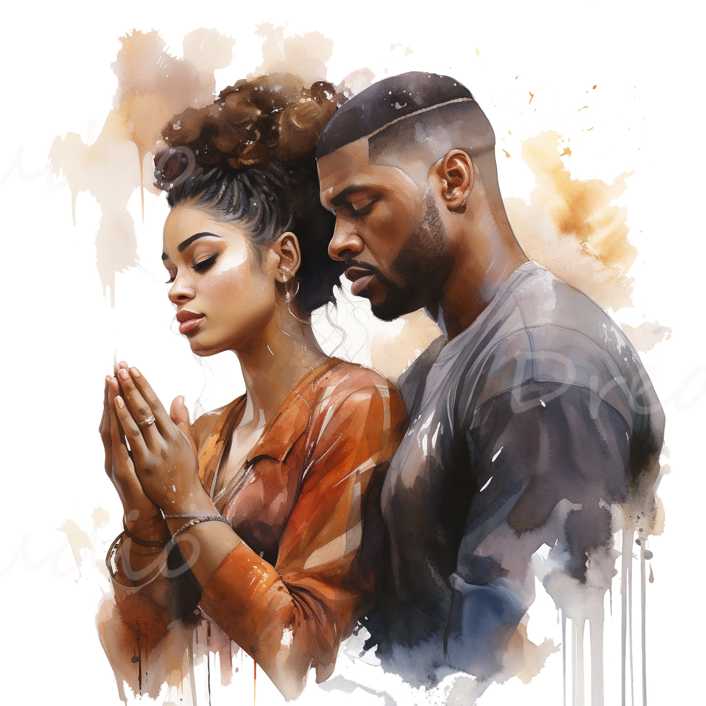 Couple Praying Clipart, Black Couple Prayers Clipart, Afro American ...