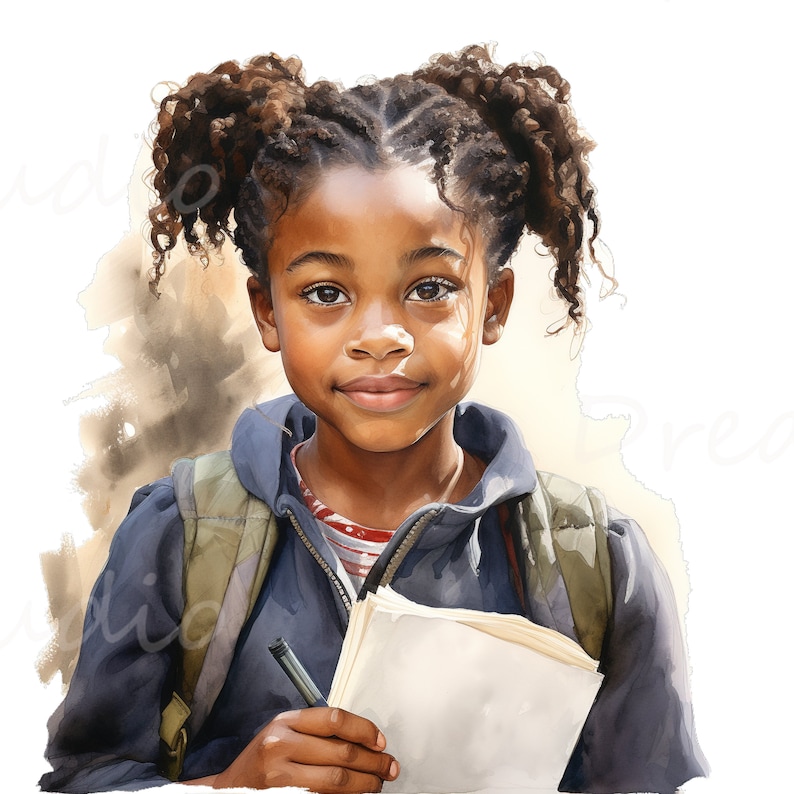 School Girl Learning Clipart, Afro American Girl Writing PNG, Schooler ...