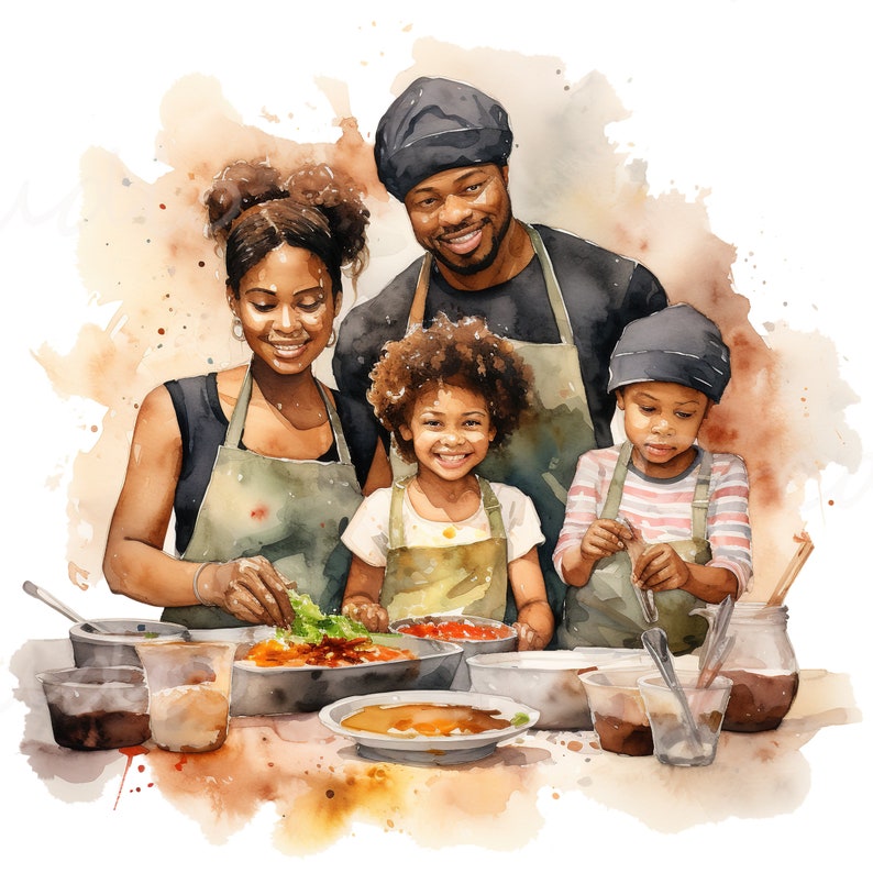 Happy Family Cooking Clipart, Watercolor Black Family Clipart ...