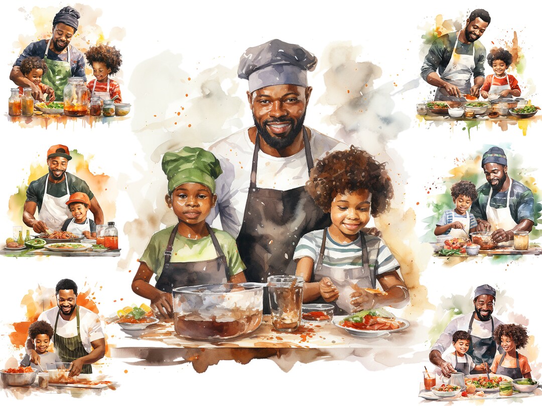 Father Cooking Clipart, Watercolor Black Man Clipart, Father and Son ...