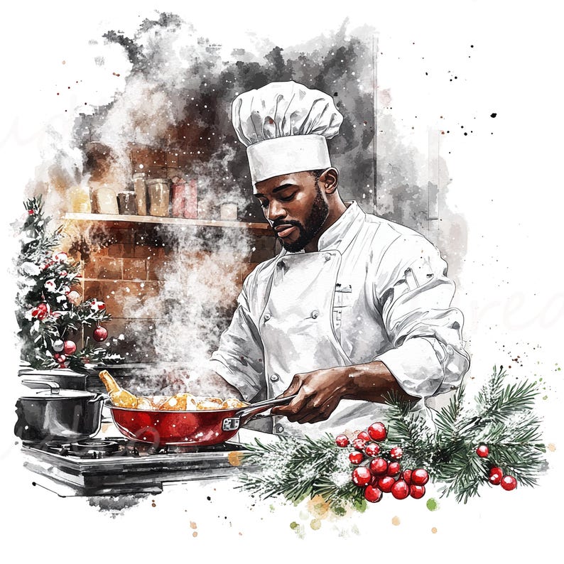 Christmas Cooking Clipart, Watercolor Black Man Cooking, Christmas Chef ...