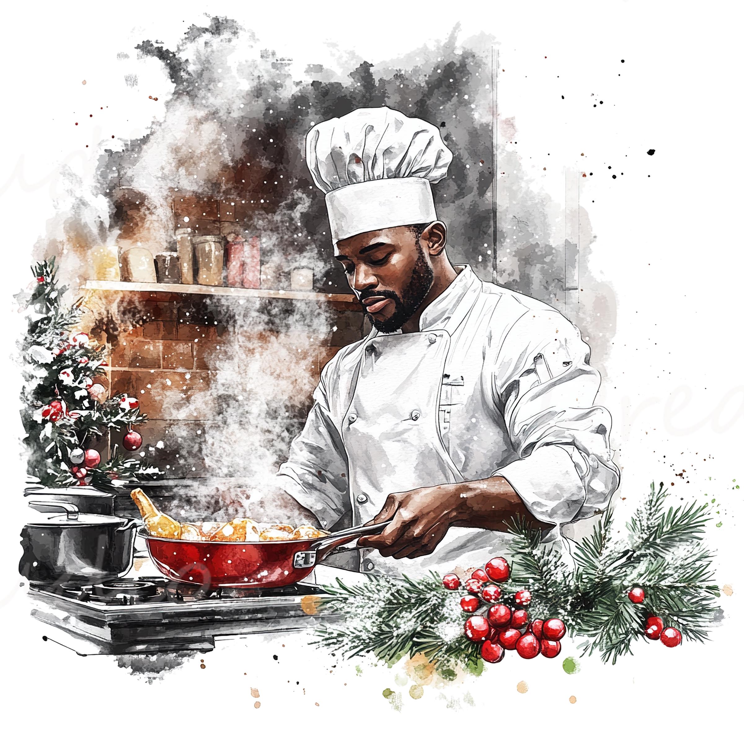 Christmas Cooking Clipart, Watercolor Black Man Cooking, Christmas Chef ...