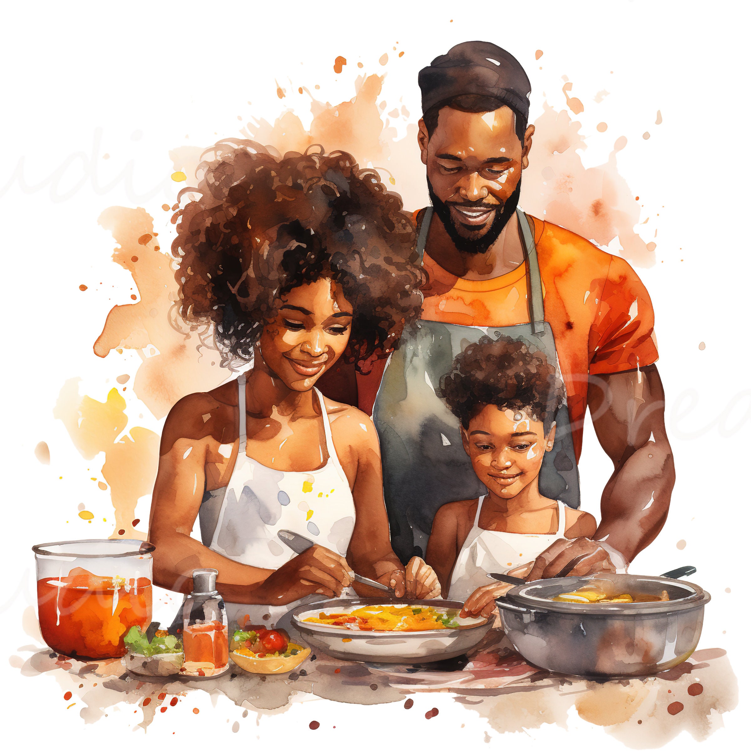 Happy Family Cooking Clipart, Watercolor Black Family Clipart ...