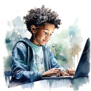 Black Boy Learning Clipart, Learning With Laptop Clipart, Afro American ...