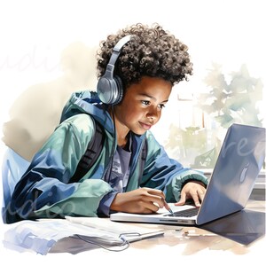 Black Boy Learning Clipart, Learning With Laptop Clipart, Afro American ...