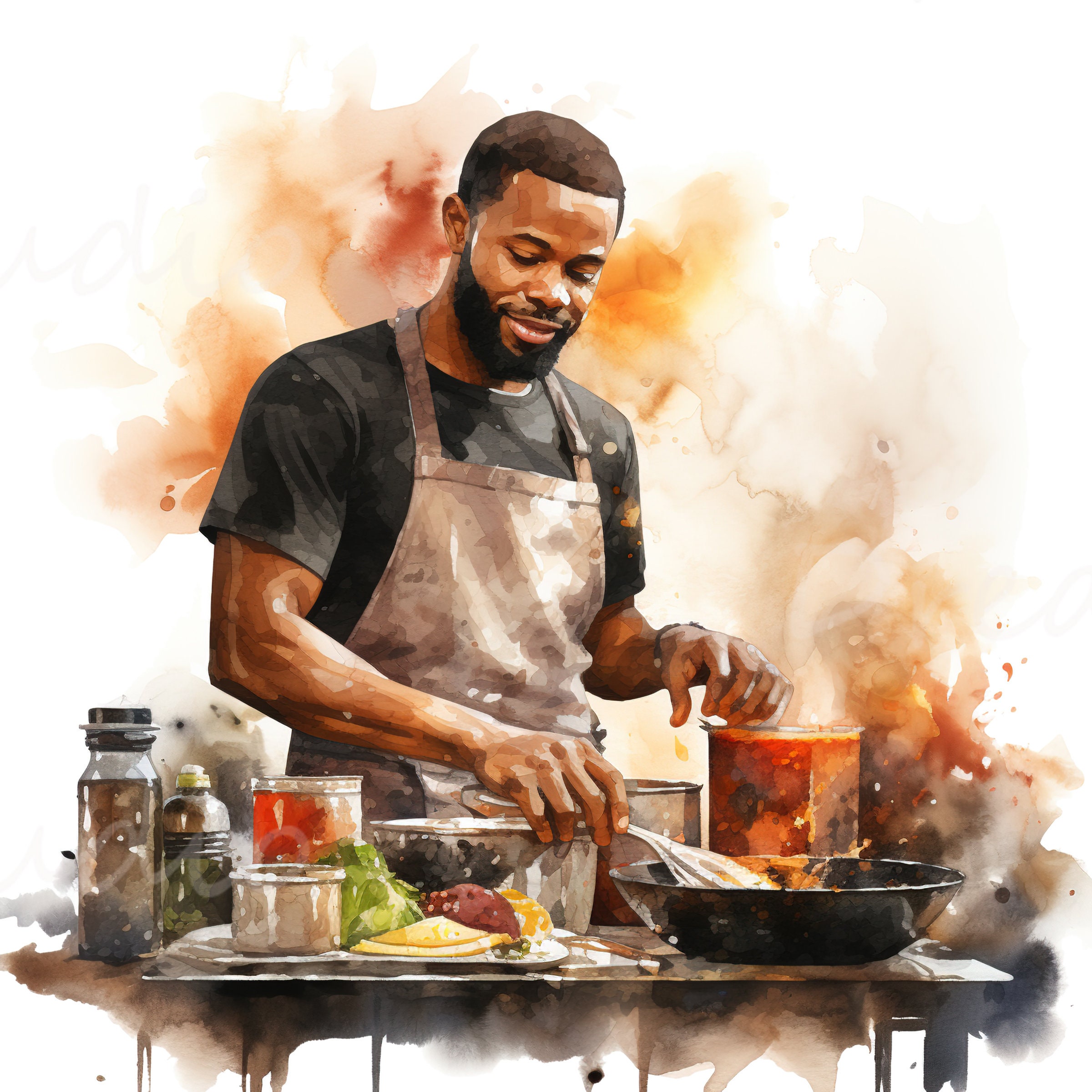 Cooking Clipart, Watercolor Black Man Clipart, Man Cooking PNG, Black ...