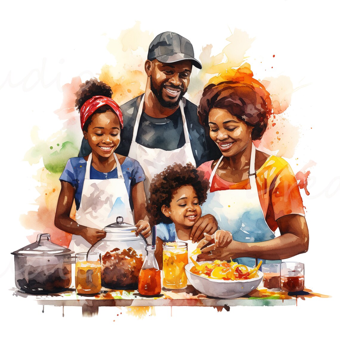 Family Cooking Clipart, Watercolor Black Family Clipart, Parenting ...