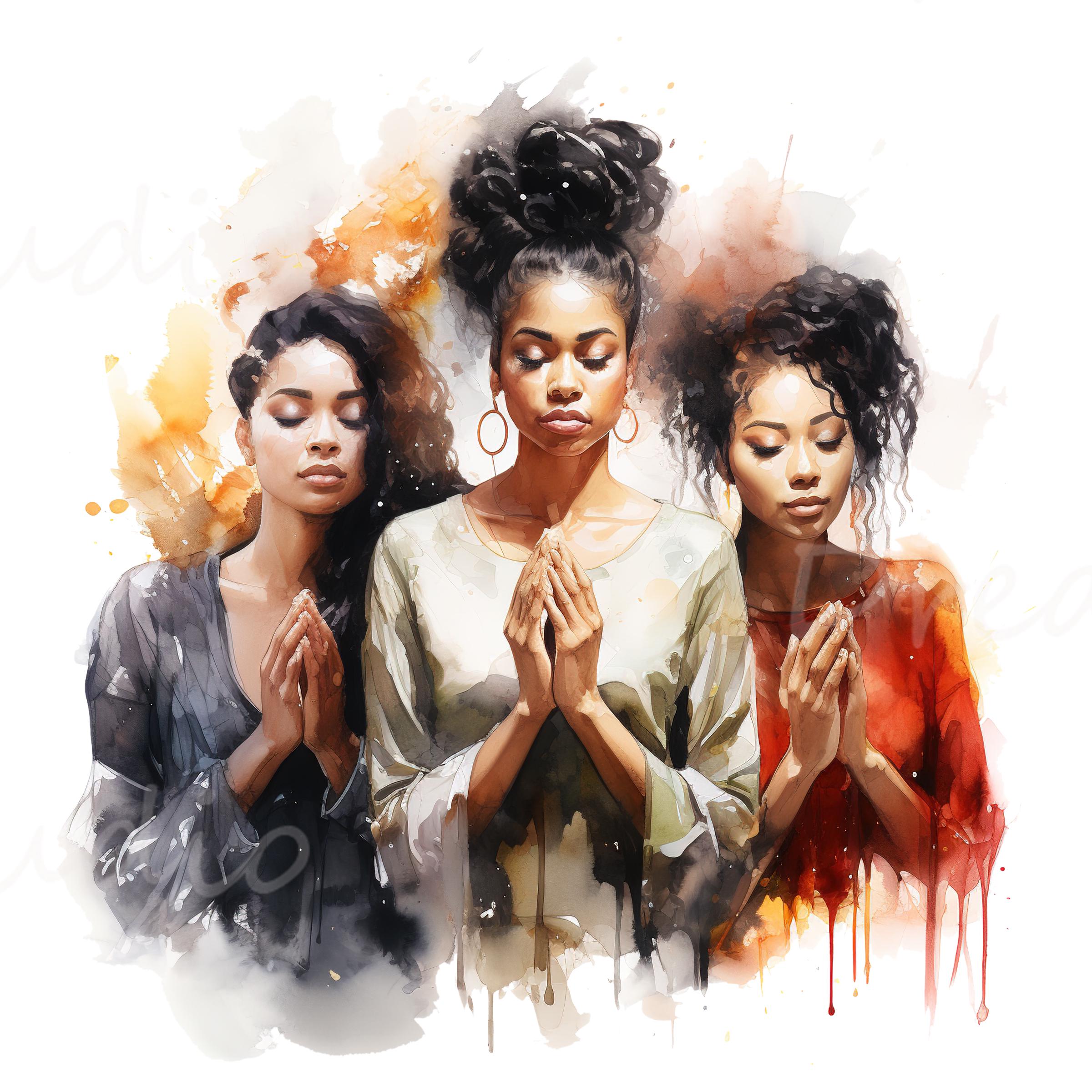 Group of Women Praying Clipart, Black Women Prayers Clipart, Afro American Women PNG, Religious ...