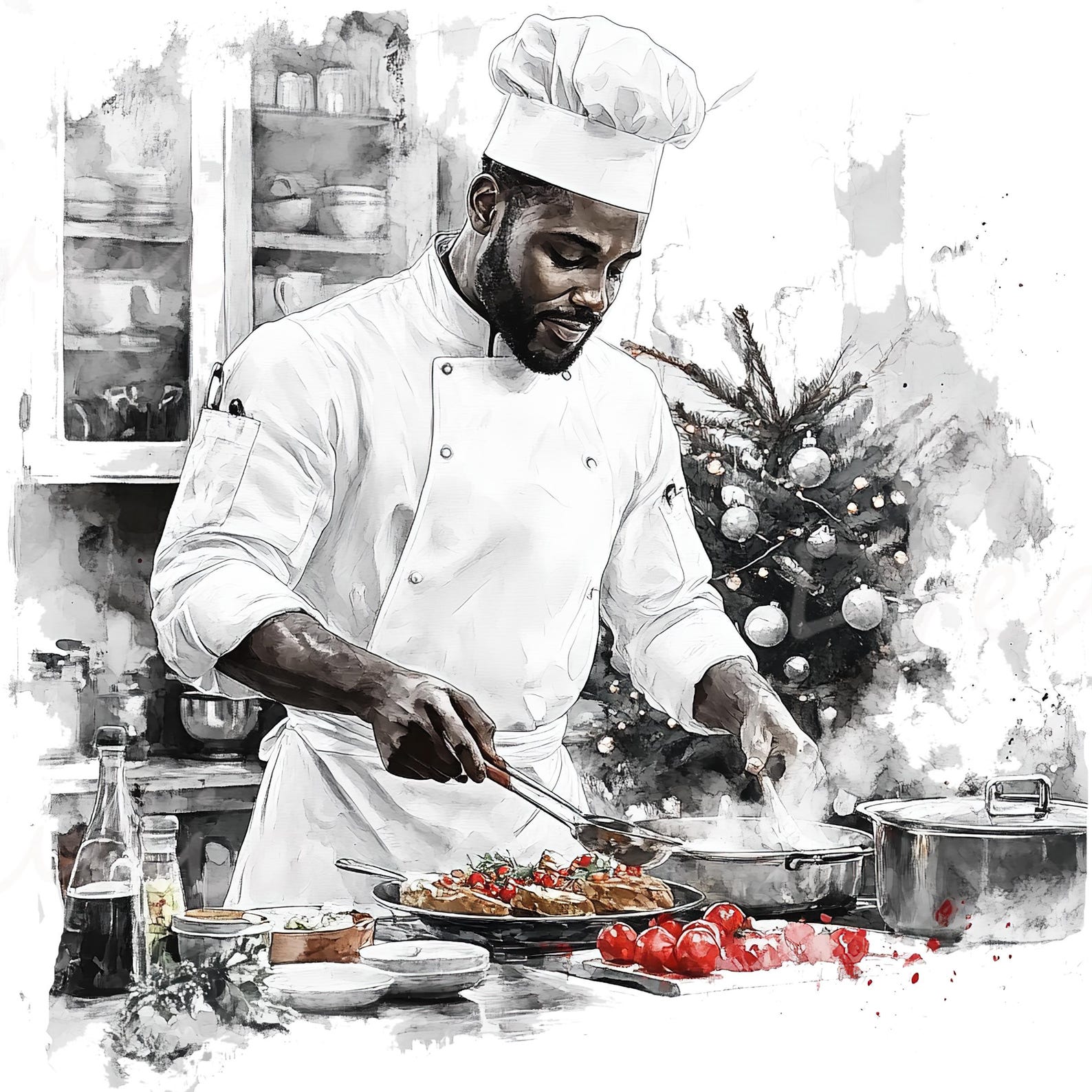 Christmas Cooking Clipart, Watercolor Black Man Cooking, Christmas Chef ...
