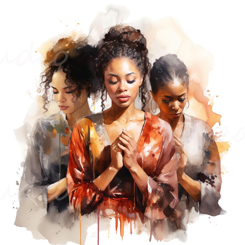 Group of Women Praying Clipart, Black Women Prayers Clipart, Afro American Women PNG, Religious ...