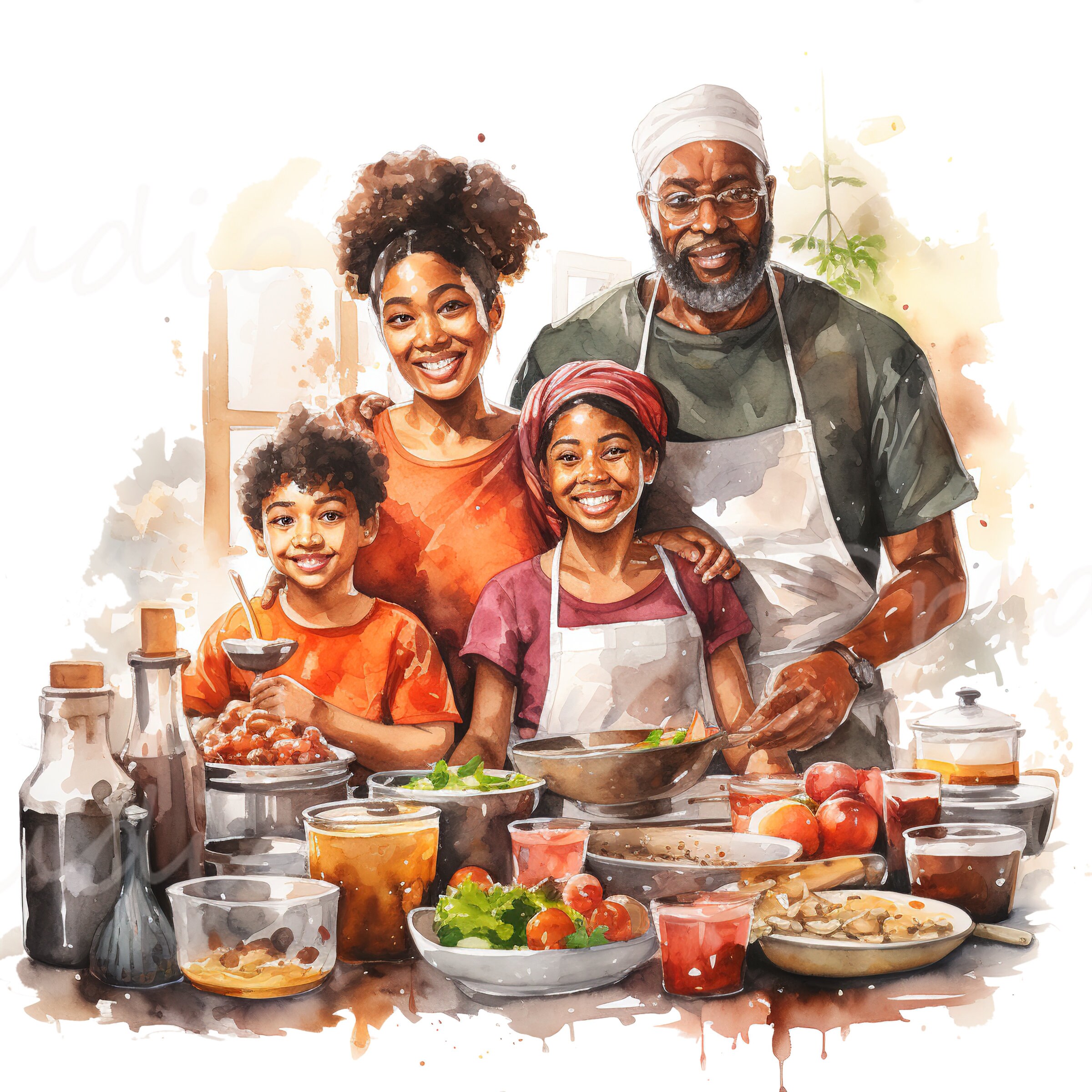 Happy Family Cooking Clipart, Watercolor Black Family Clipart ...
