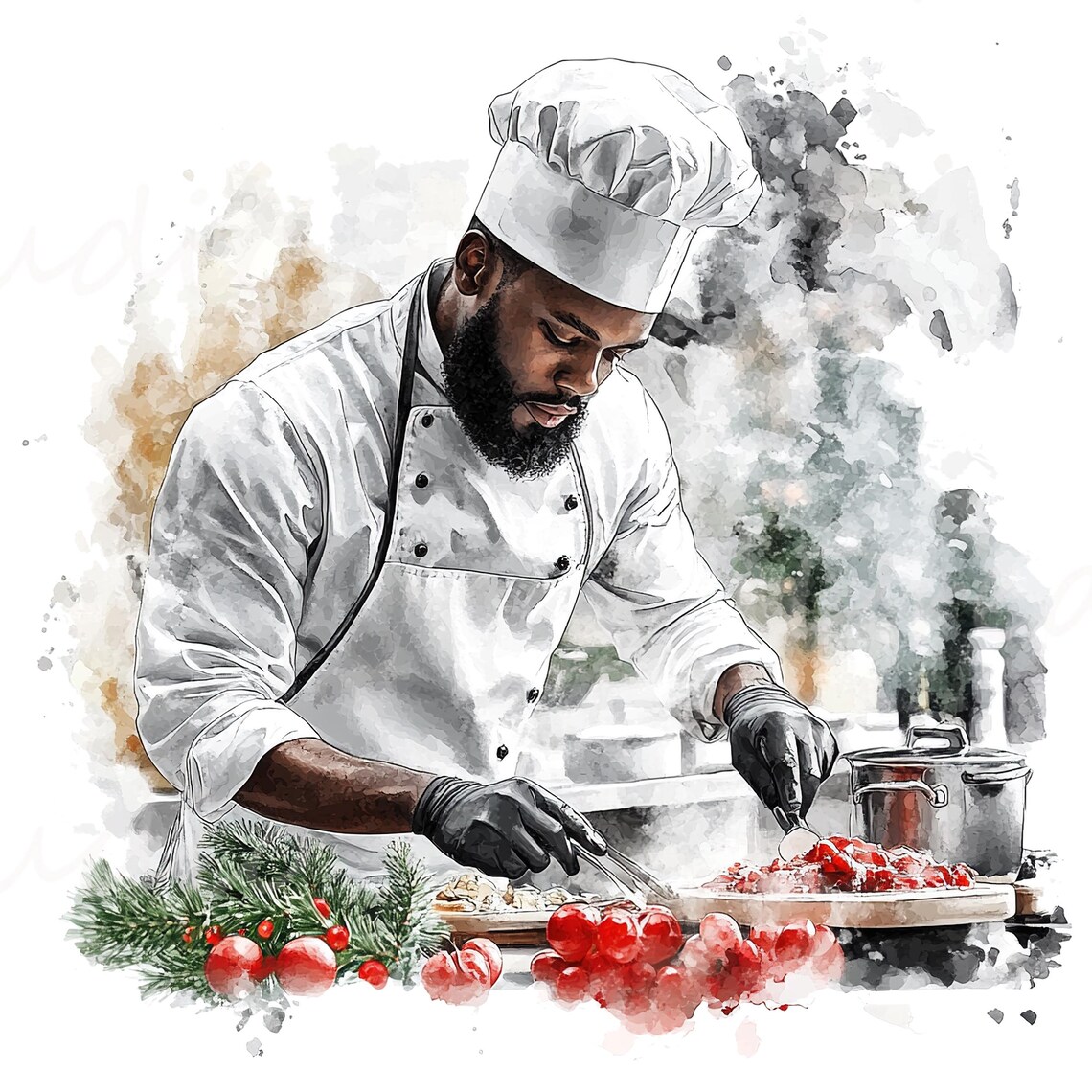 Christmas Cooking Clipart, Watercolor Black Man Cooking, Christmas Chef ...