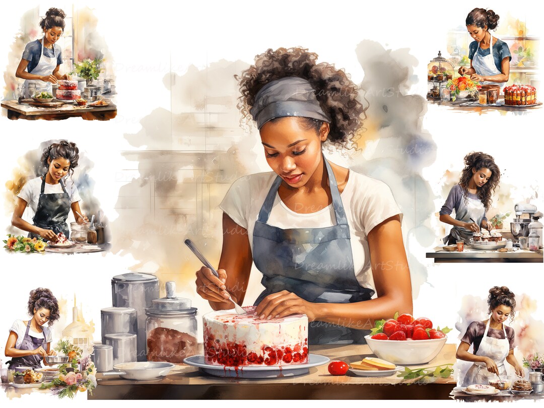 Decorating Cake Clipart, Watercolor Black Woman Culinary Clipart, Black ...