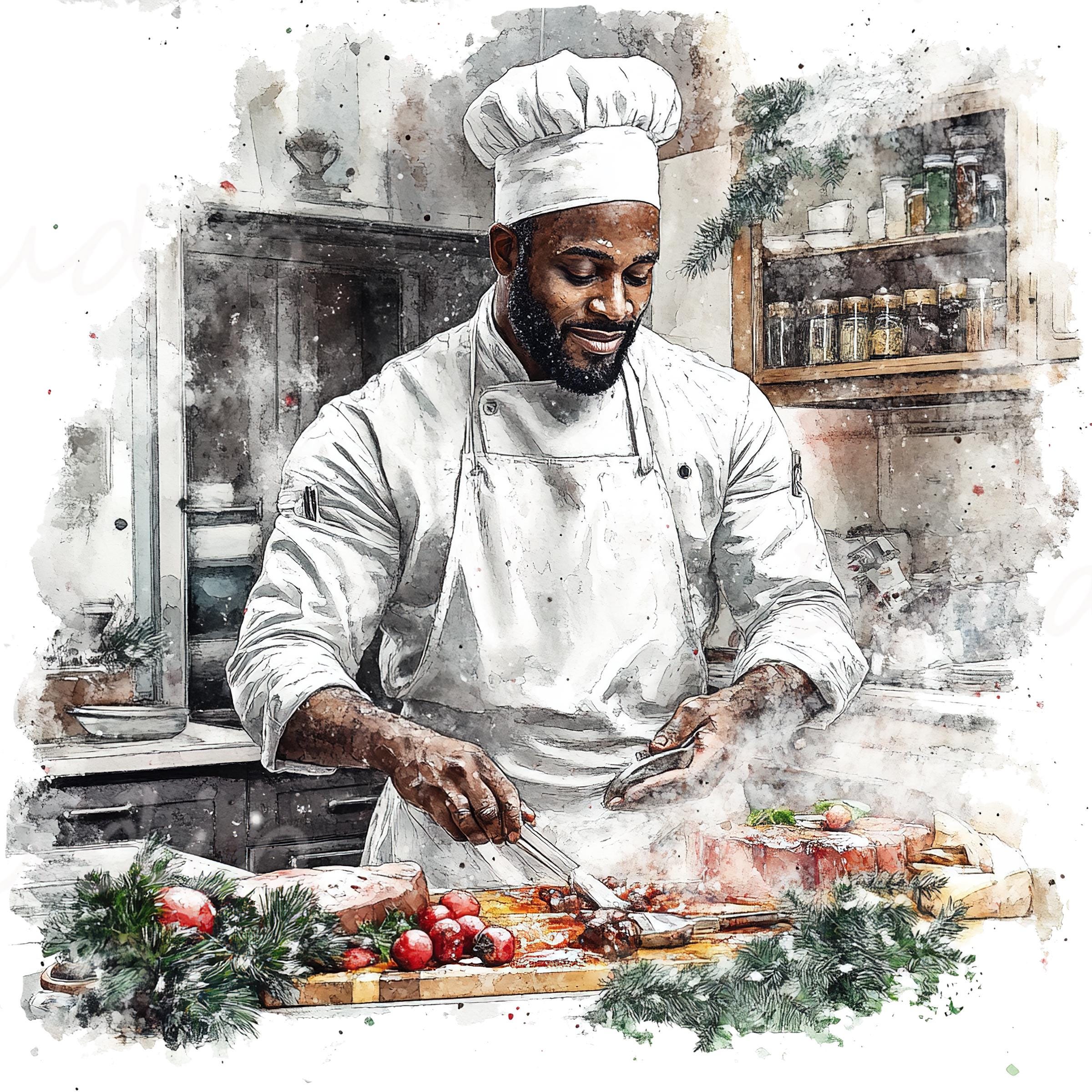Christmas Cooking Clipart, Watercolor Black Man Cooking, Christmas Chef ...