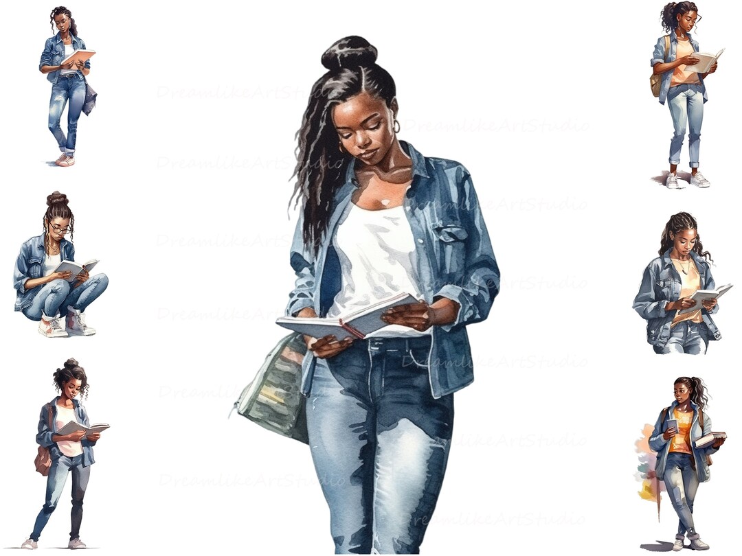 Watercolor Black School Girl Clipart, Afro American Girl PNG, Black ...