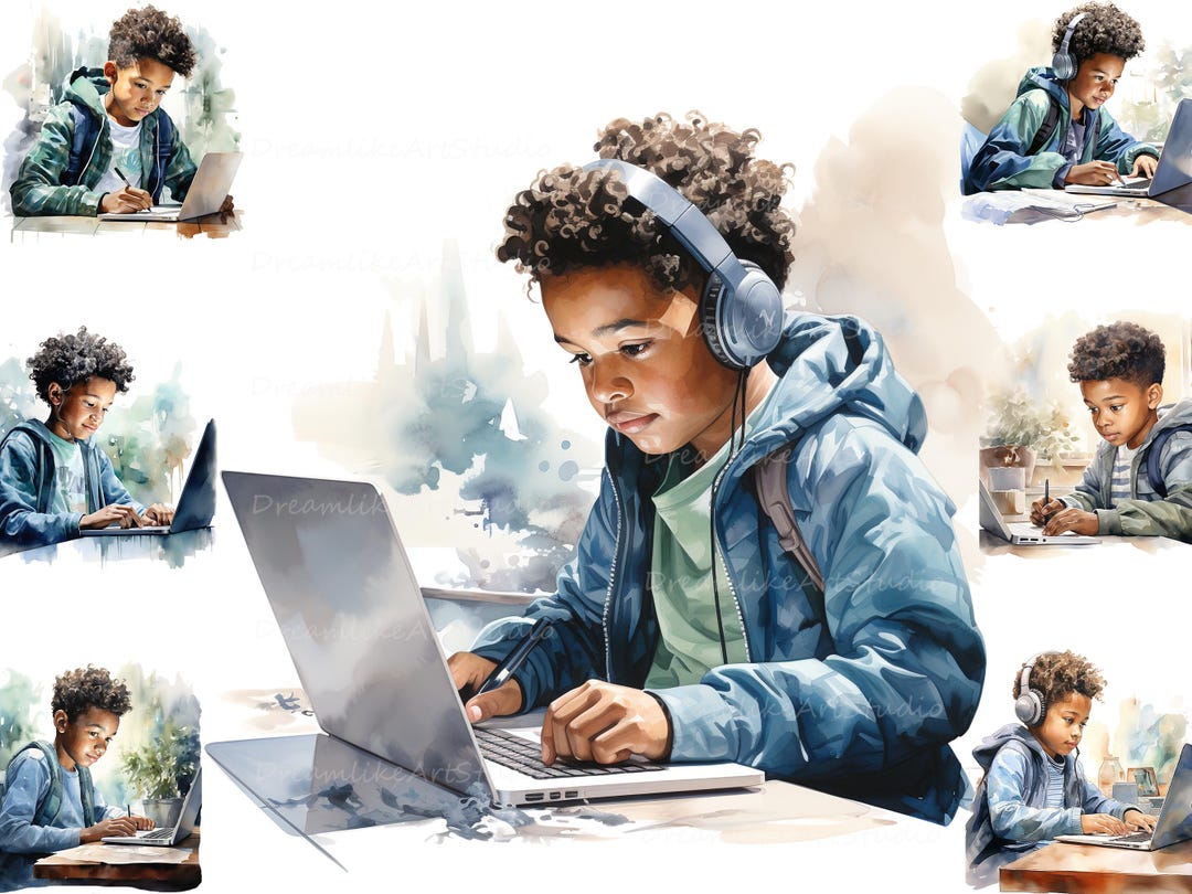 Black Boy Learning Clipart, Learning With Laptop Clipart, Afro American ...