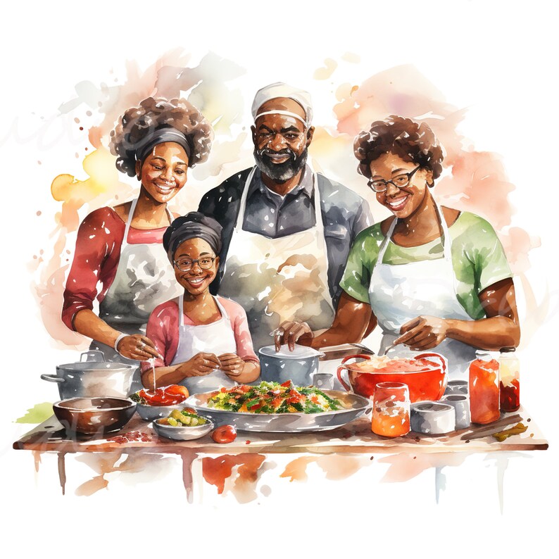 Family Cooking Clipart, Watercolor Black Family Clipart, Parenting ...