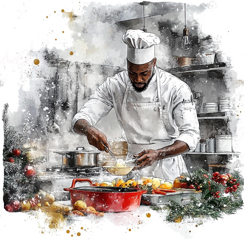 Christmas Cooking Clipart, Watercolor Black Man Cooking, Christmas Chef ...
