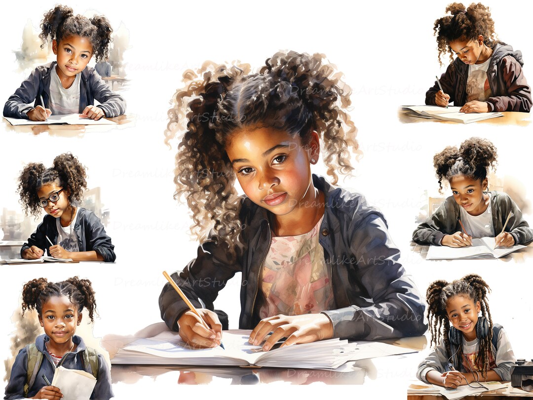 School Girl Learning Clipart, Afro American Girl Writing PNG, Black ...