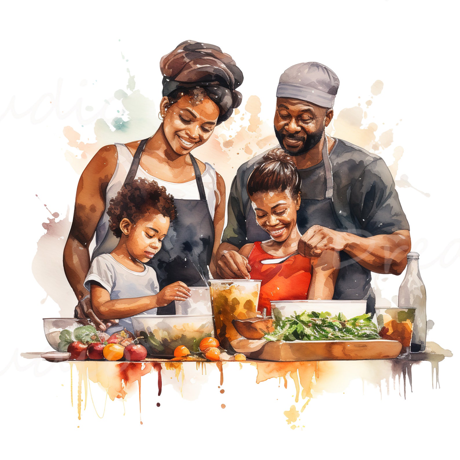 Family Cooking Clipart, Watercolor Black Family Clipart, Parenting ...