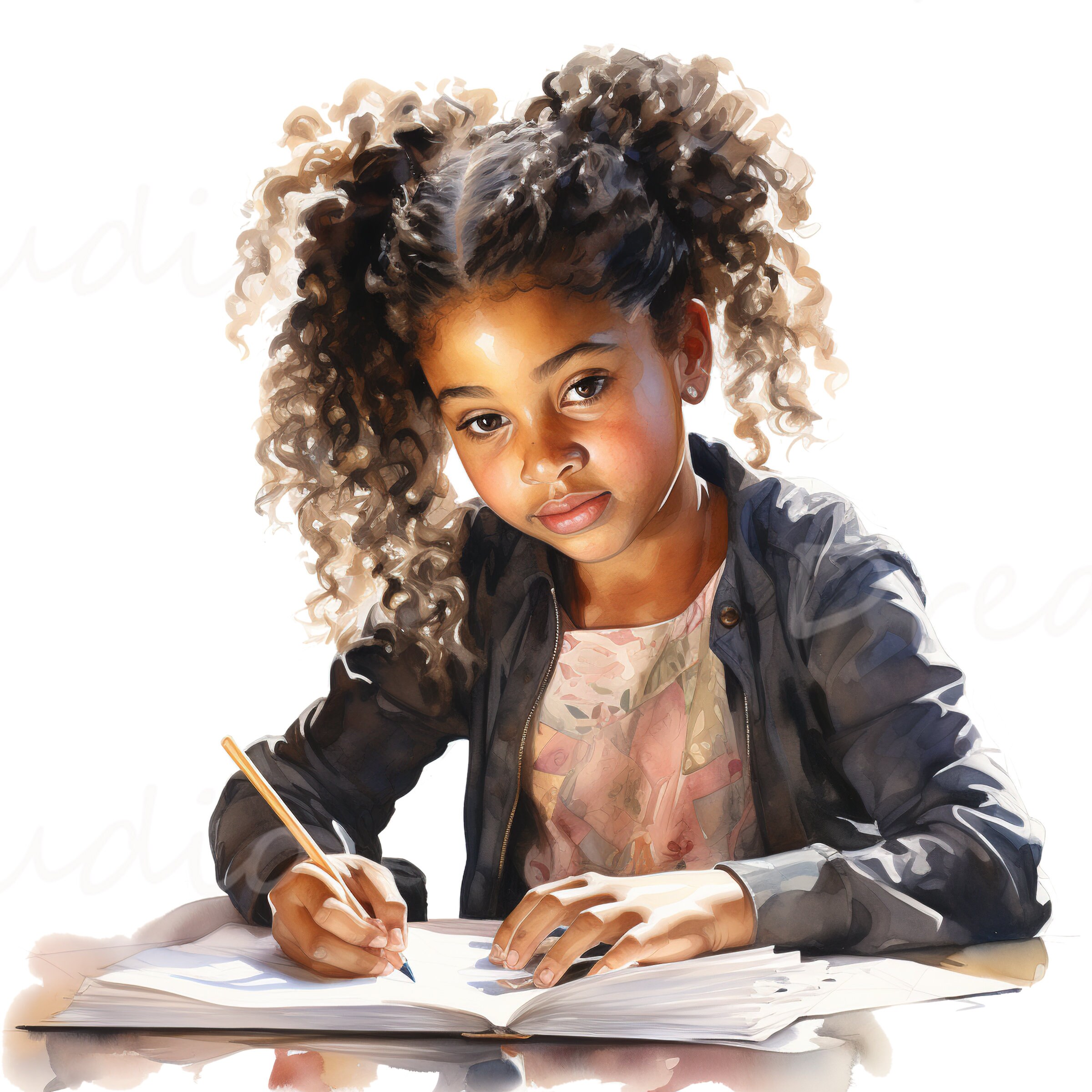 School Girl Learning Clipart, Afro American Girl Writing PNG, Black ...