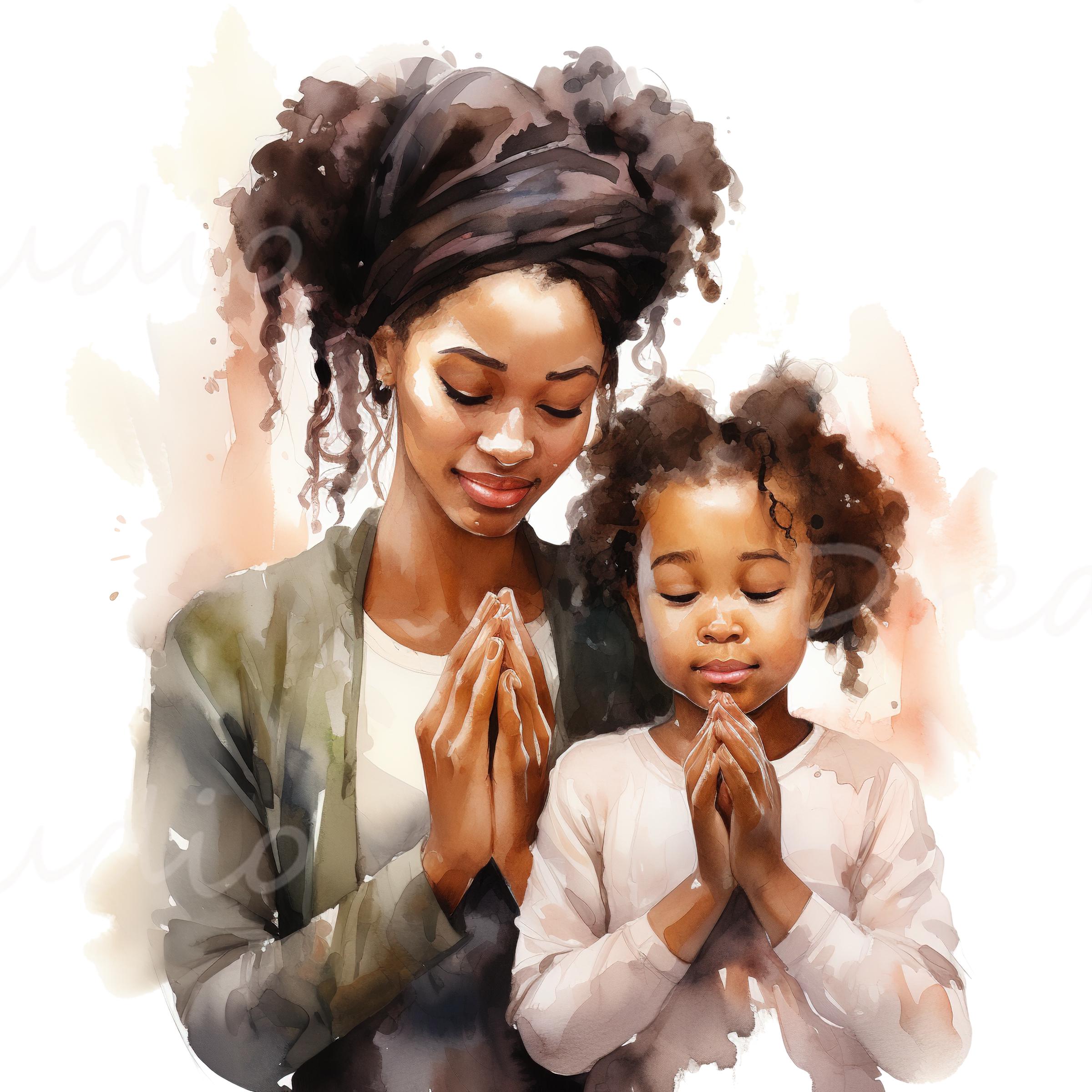 Mother and Daughter Praying Clipart, Family Prayers Clipart, Afro ...