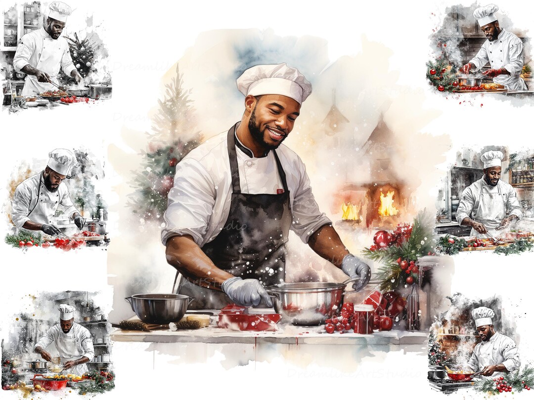 Christmas Cooking Clipart, Watercolor Black Man Cooking, Christmas Chef ...