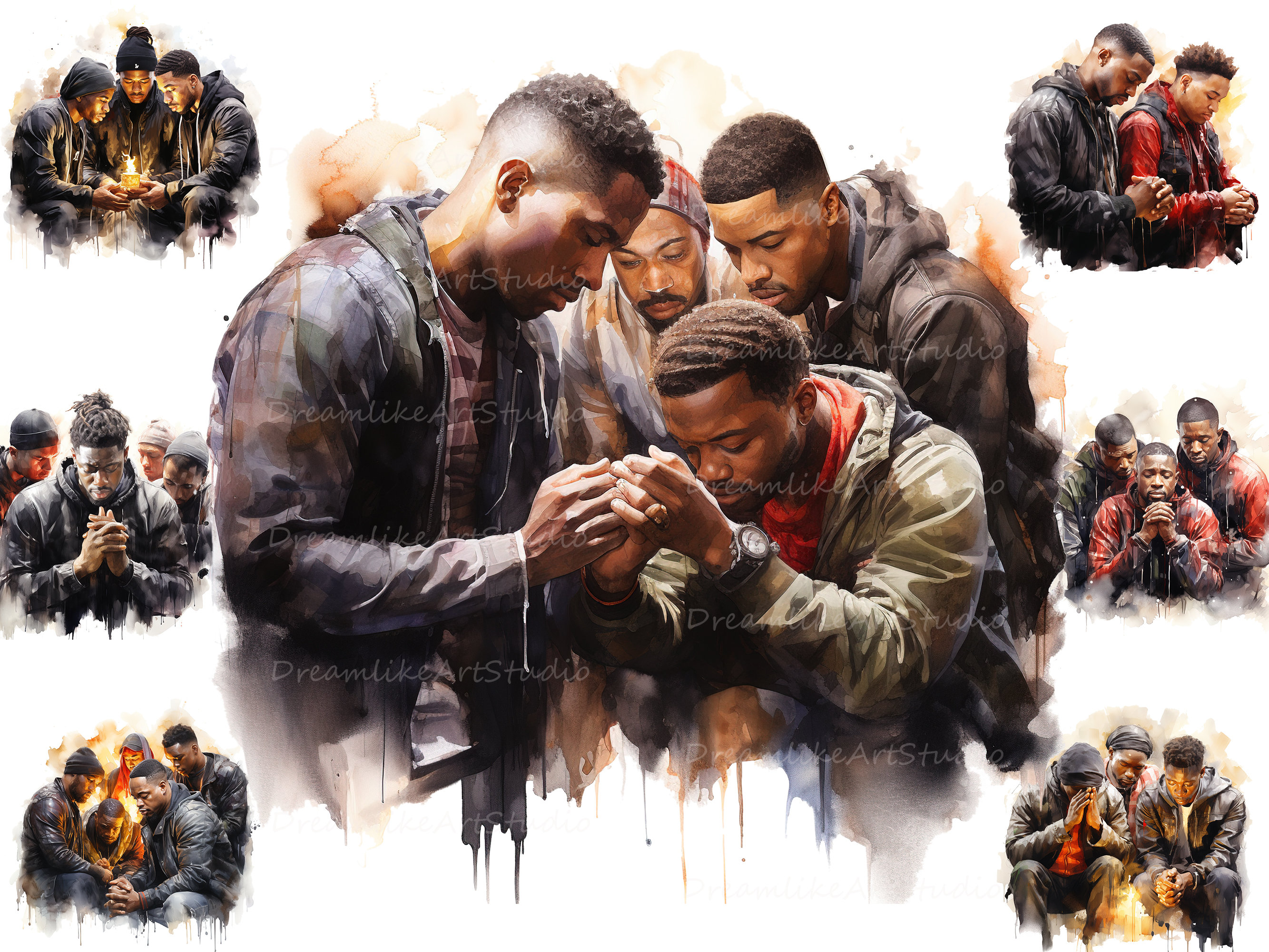 Group of Men Praying Clipart, Black Men Prayers Clipart, Afro American Men PNG, Religious ...