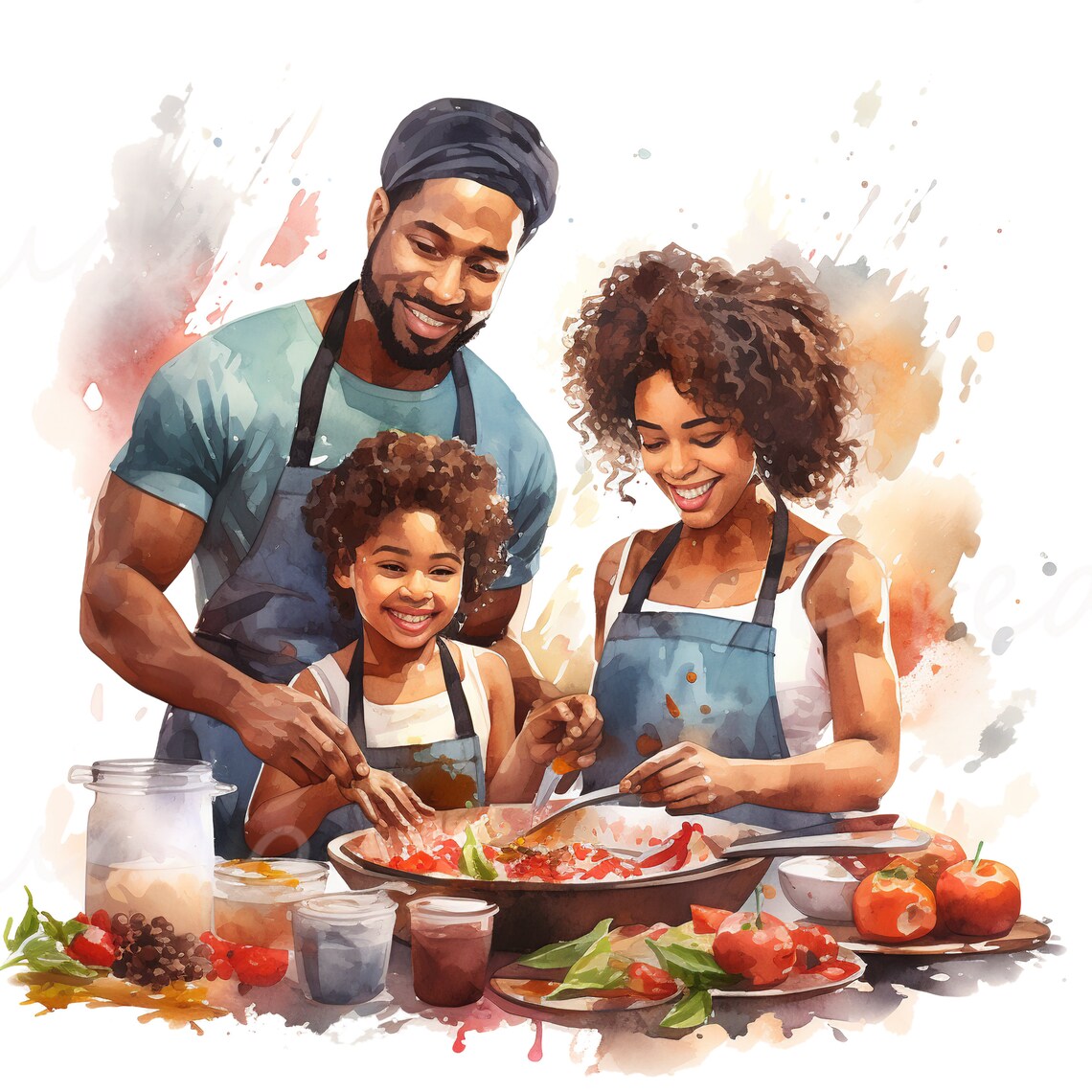 Family Cooking Clipart, Watercolor Black Family Clipart, Parenting ...