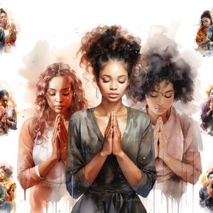 Group of Women Praying Clipart, Black Women Prayers Clipart, Afro American Women PNG, Religious ...