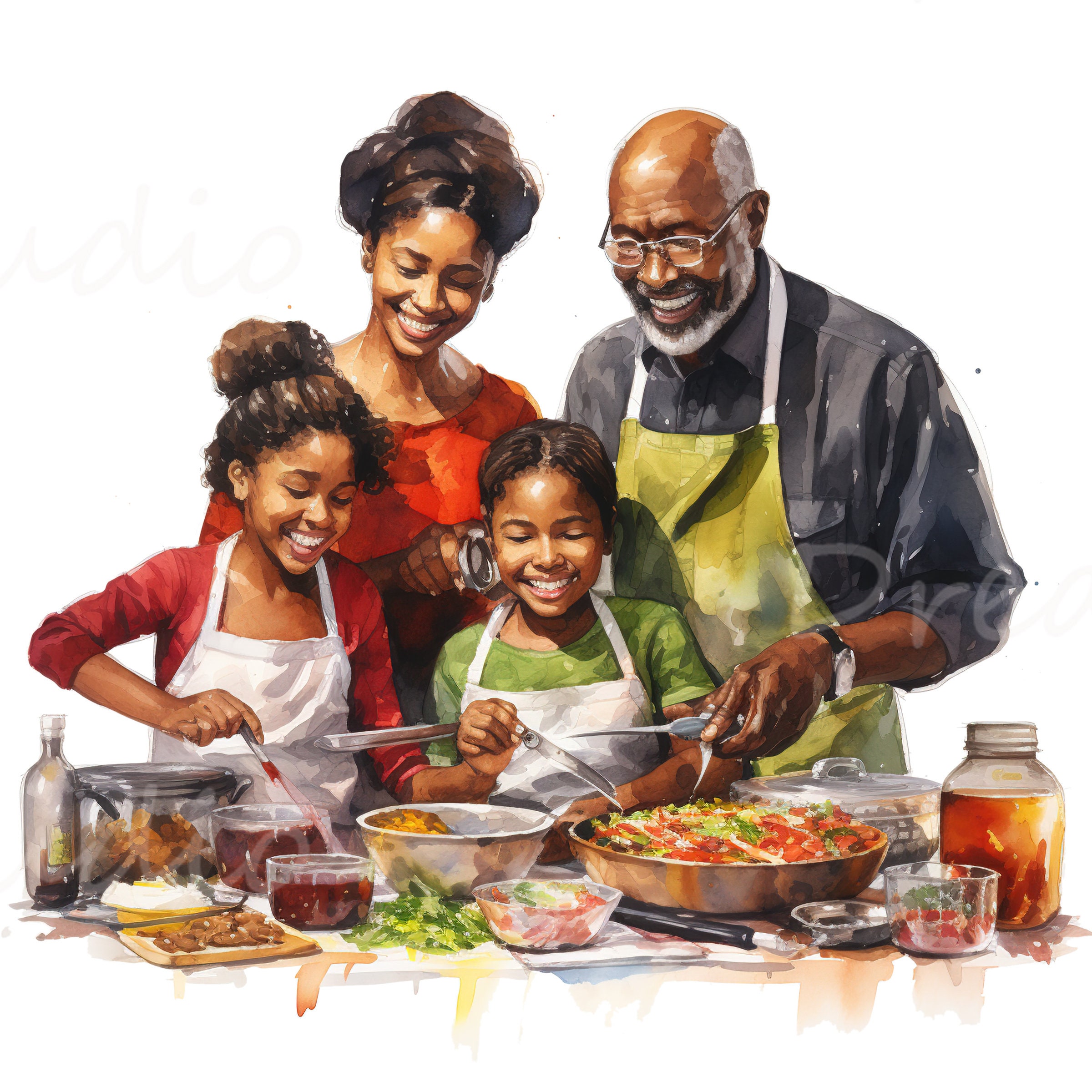 Happy Family Cooking Clipart, Watercolor Black Family Clipart ...