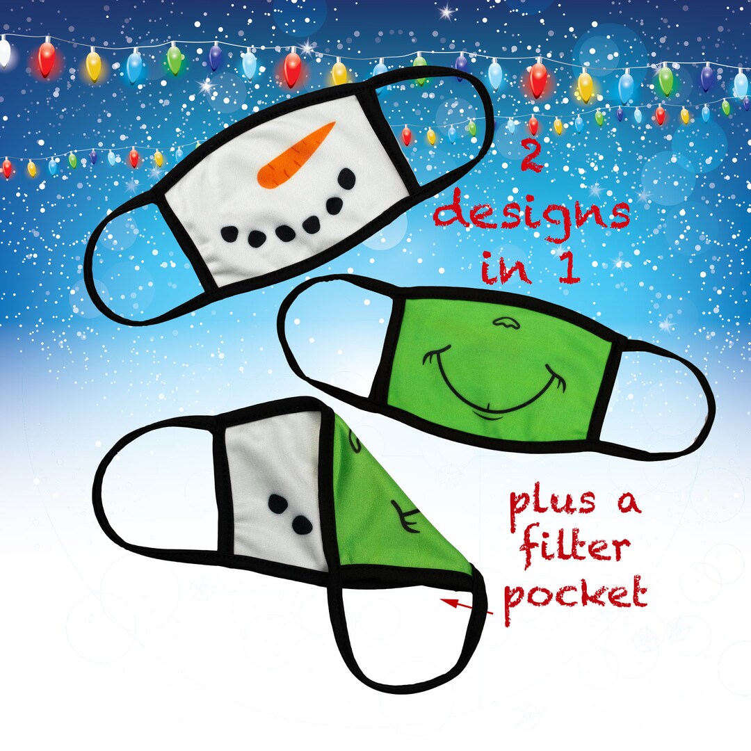 Kids Grinch Face Mask, Snowman Mask, Kids, Reversible, Reusable ...