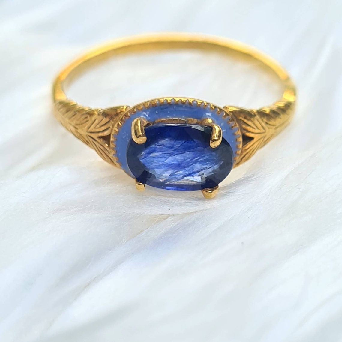 Natural Heated Blue Sapphire Ring, Enameled Ring, Silver With Gold ...