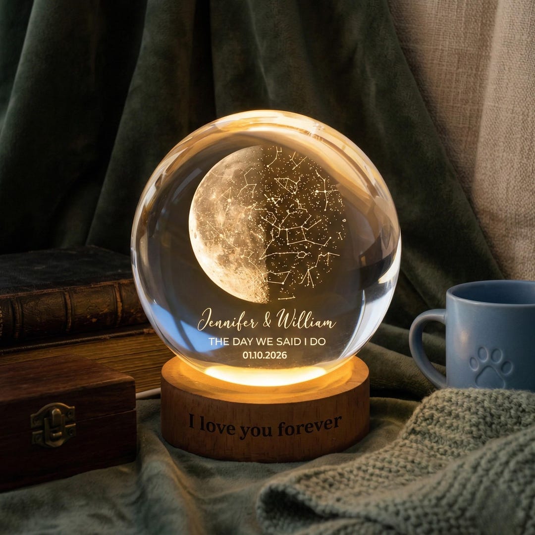 Personalized Moon Phase Lamp – Custom Star Map Crystal Night Light ...