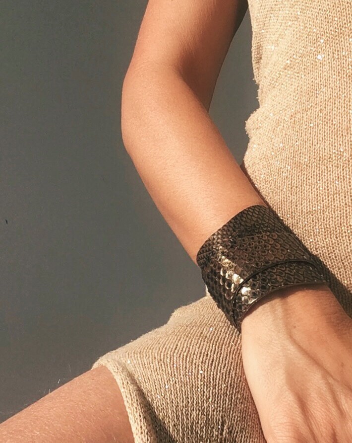 Bronze Python Cuff Bracelet, Boho Leather Bracelet for Woman, Unique Wide Leather Cuff, Ibiza ...