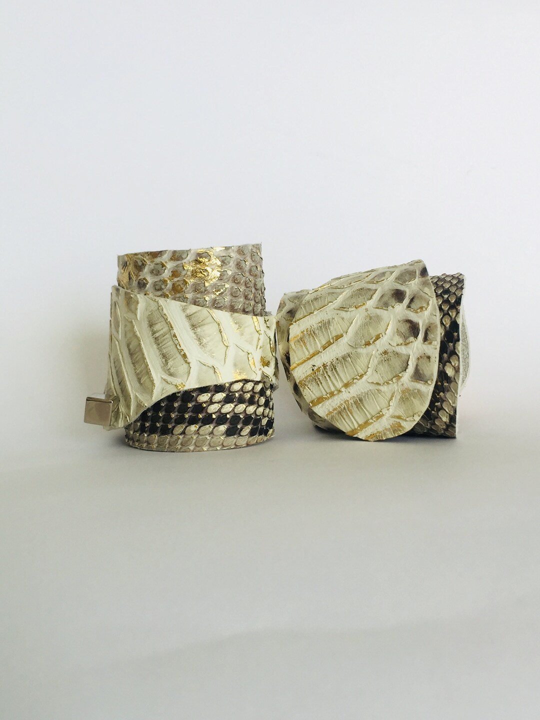 White and Gold Python LEATHER CUFF BRACELET for Women – Adjustable Snakeskin Wristband, Boho ...