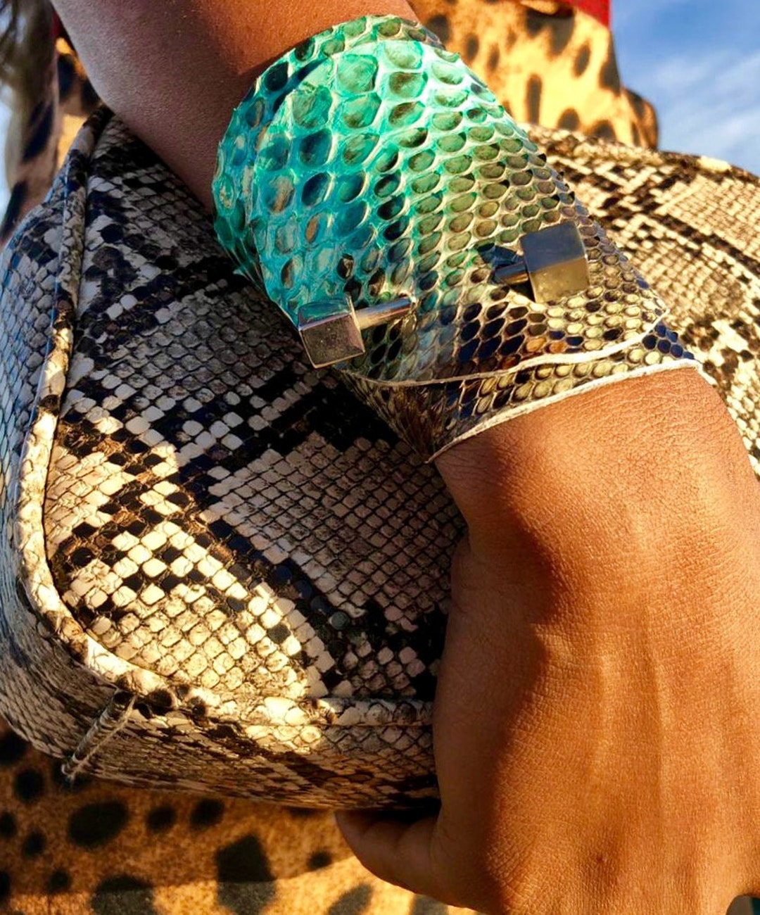 TURQUOISE Python LEATHER CUFF Bracelet for Women – Handmade Wide Boho Wristband, Unique ...