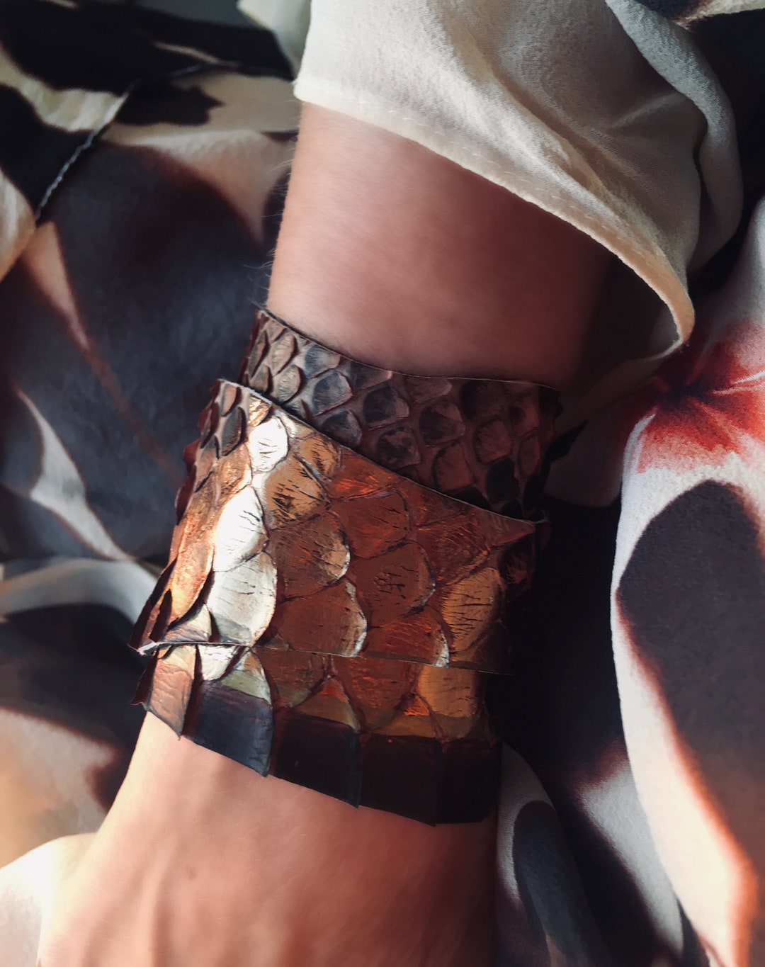 Gold Brown Python Bracelet, Wide Leather Cuff, Snakeskin Bracelet ...