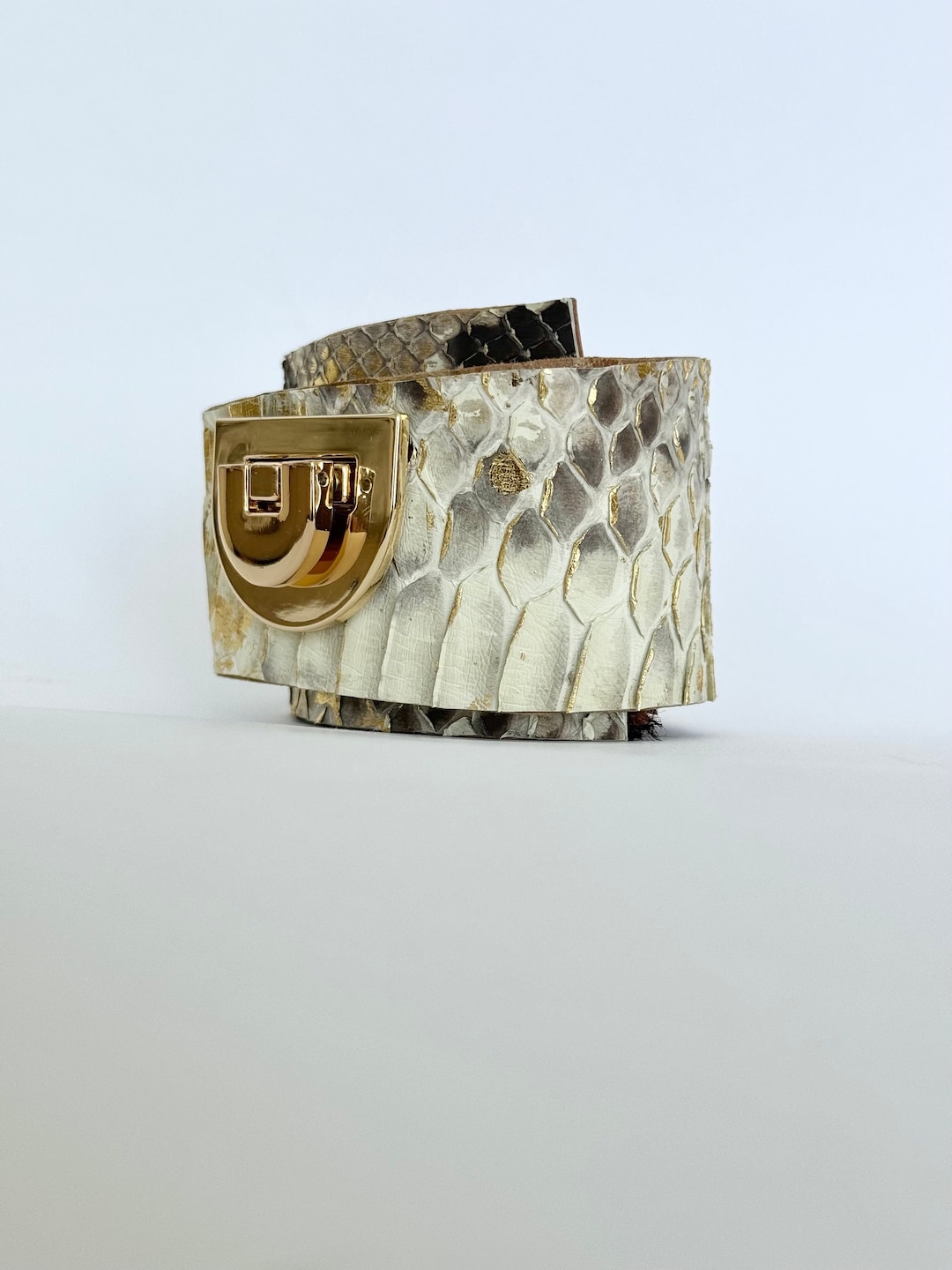 Women's Leather Bracelet With Gold Clasp, White and Gold Cuff, Genuine Python Wristband - Etsy
