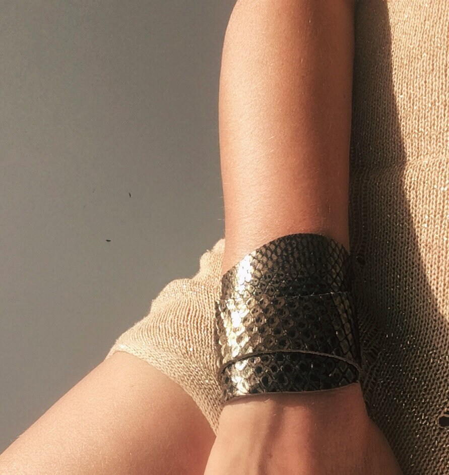 Bronze Python Cuff Bracelet, Boho Leather Bracelet for Woman, Unique Wide Leather Cuff, Ibiza ...