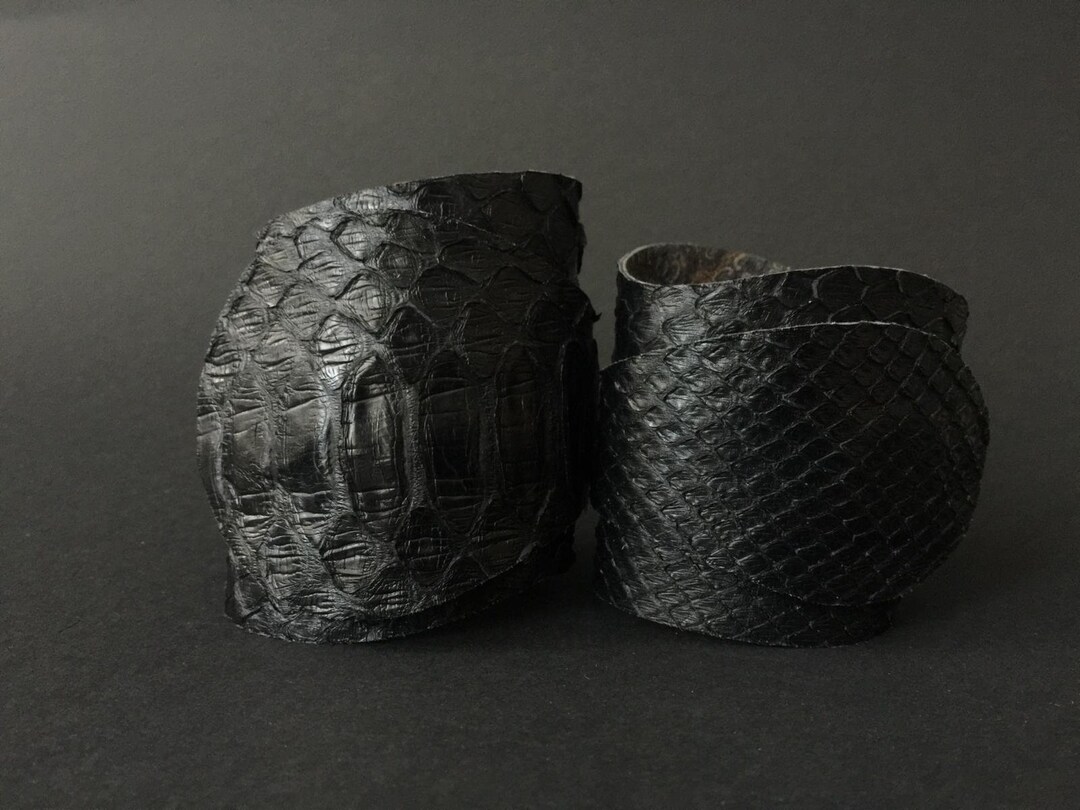 Black Leather Wrist Cuff, Premium Python Cuff, Adjustable Leather Wrist ...