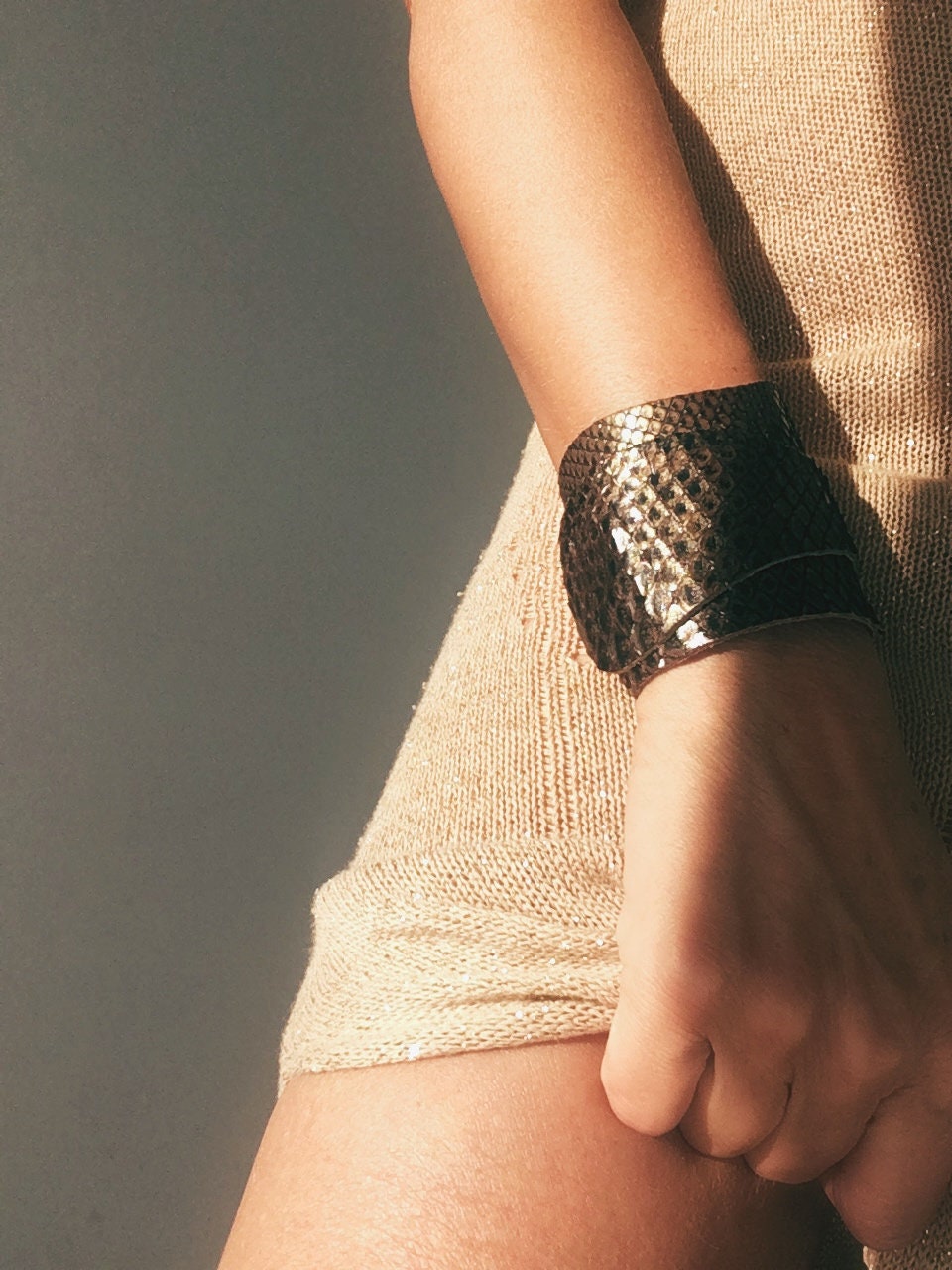 Bronze Python Cuff Bracelet, Boho Leather Bracelet for Woman, Unique Wide Leather Cuff, Ibiza ...