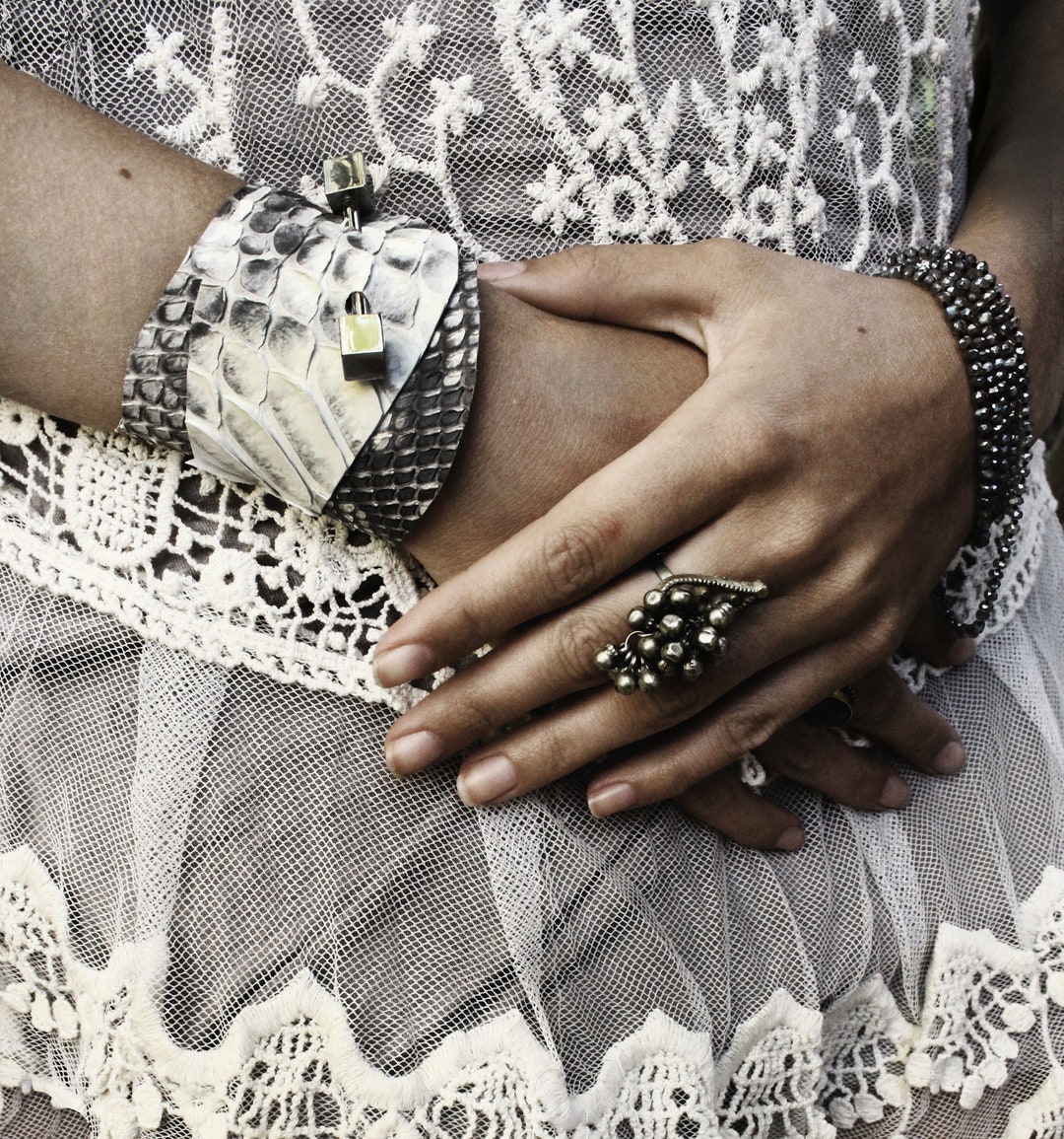 Natural Python Leather Cuff, Boho Leather Cuff Bracelet, Black and ...