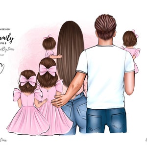 Family Clipart, Father Mother and 4 Daughters Clipart, Parents and Kids ...